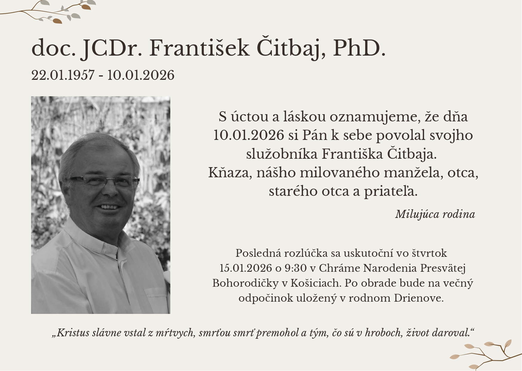 Do večnosti odišiel otec František Čitbaj | Gréckokatolícka eparchia Košice